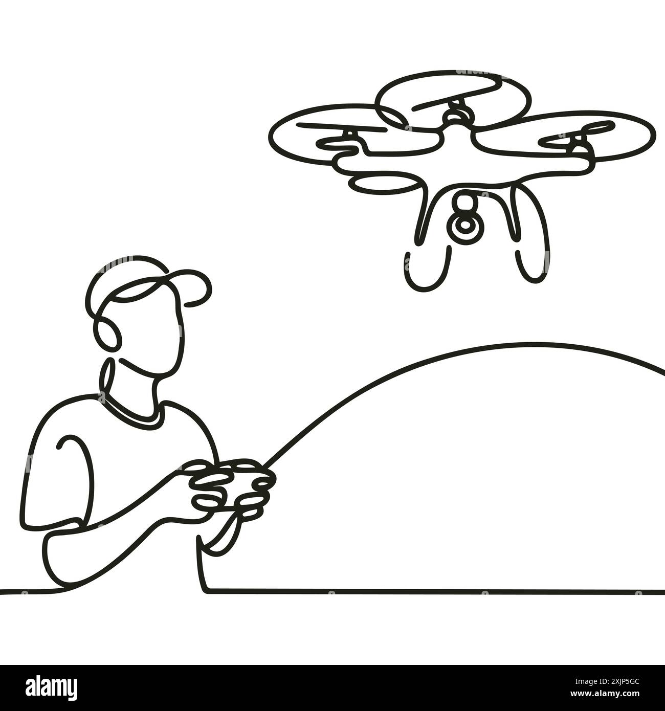 Continuous one line drawing of man operating drone remote control. Man ...