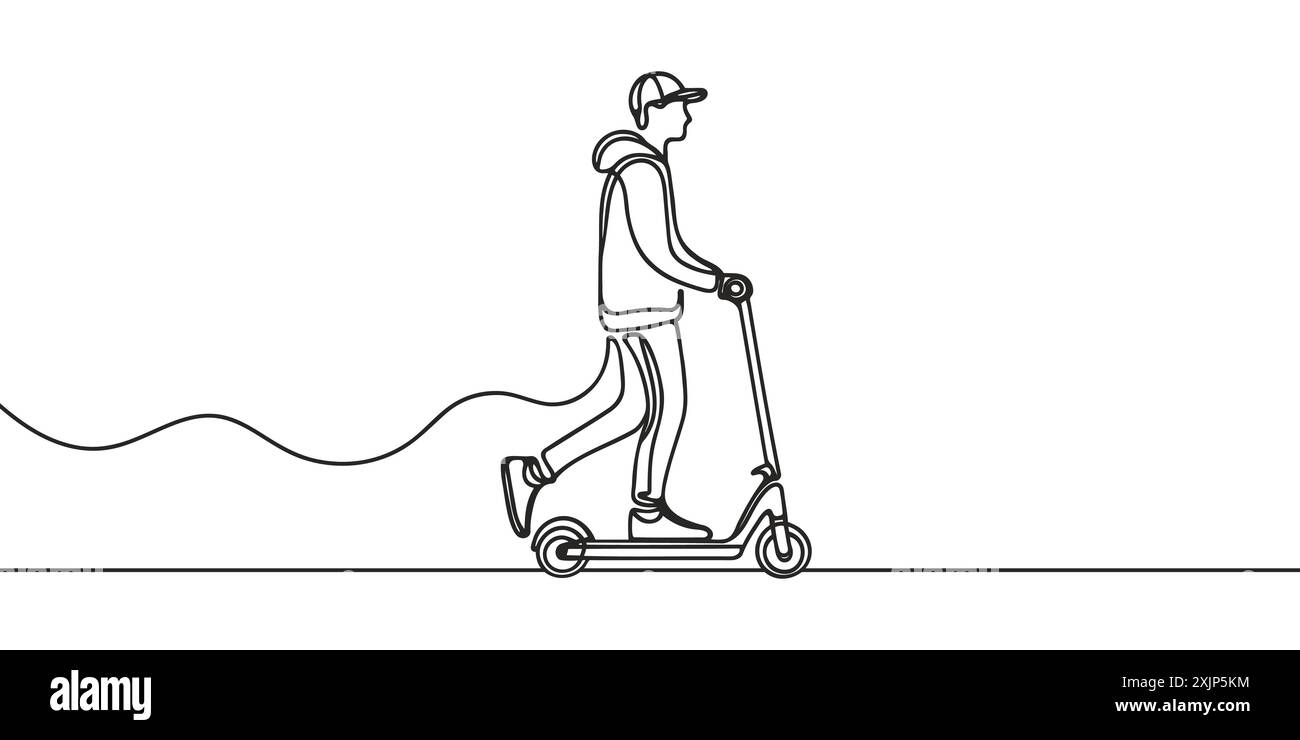 Continuous line drawing of a boy rides an electric scooter. Template ...