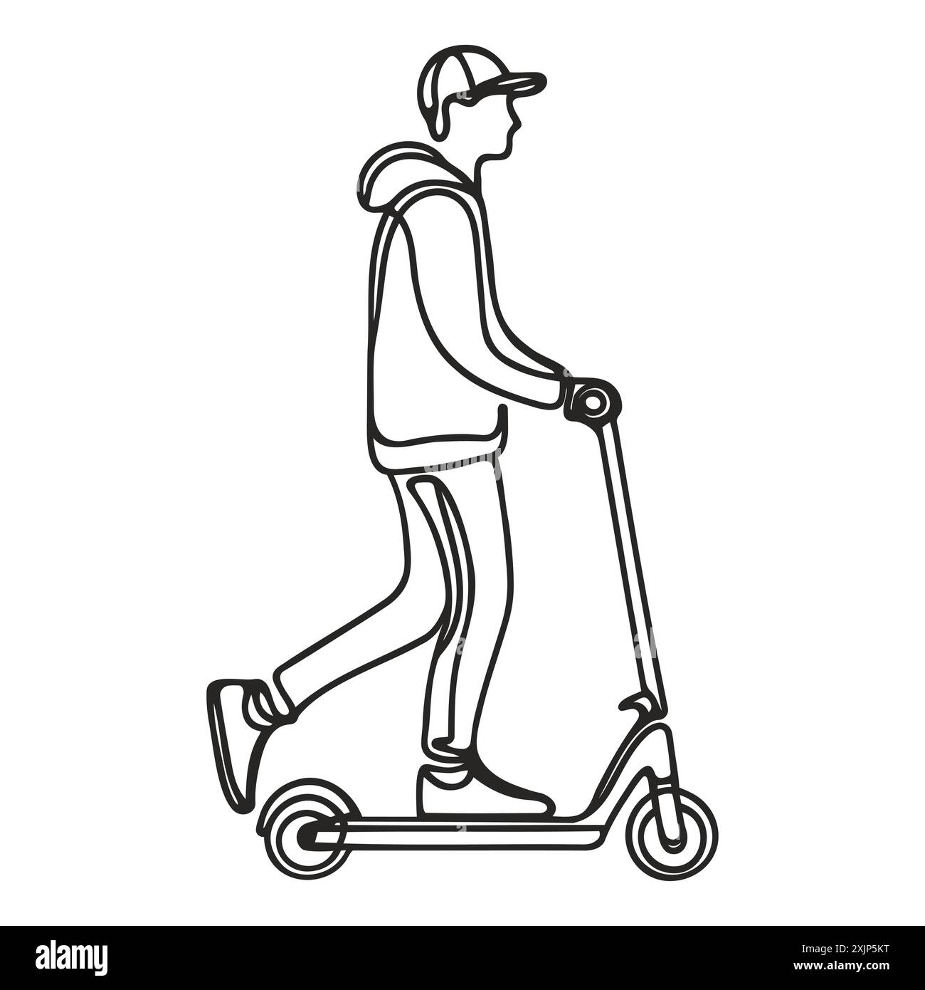 Continuous line drawing of a boy rides an electric scooter. Template ...