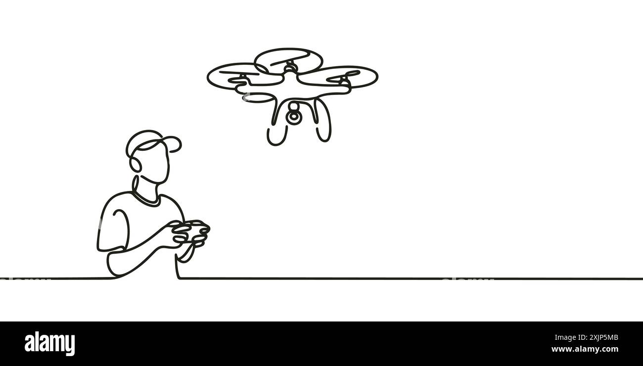 Continuous one line drawing of man operating drone remote control. Man ...