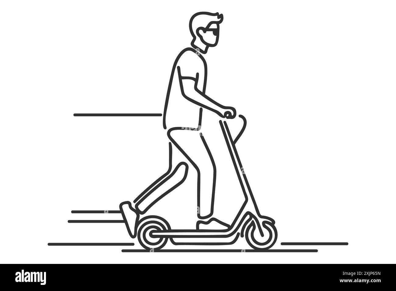 Continuous line drawing of a boy rides an electric scooter. Template ...
