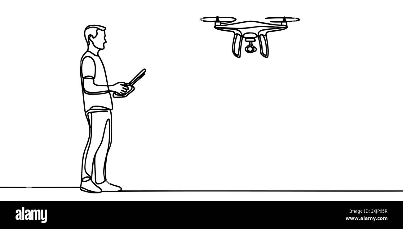 Continuous one line drawing of man operating drone remote control. Man ...