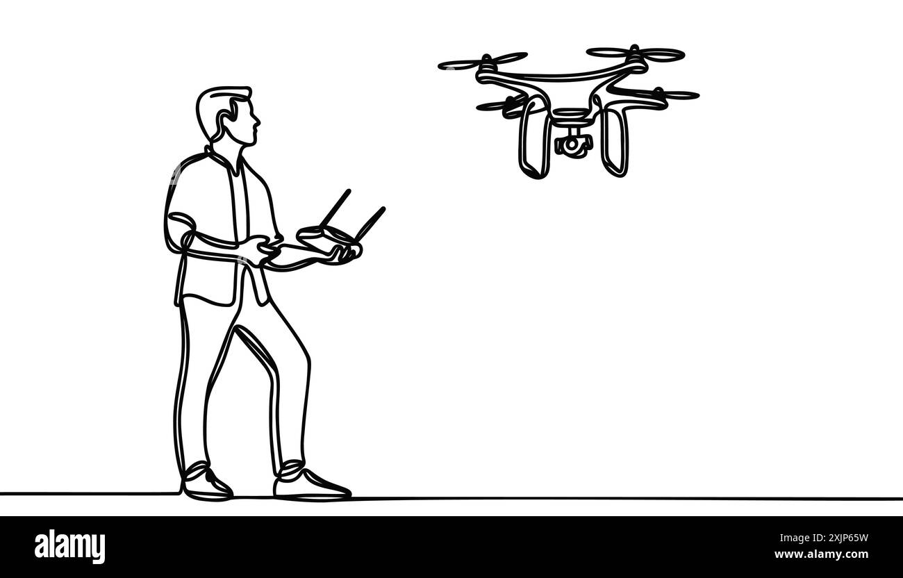 Continuous one line drawing of man operating drone remote control. Man ...