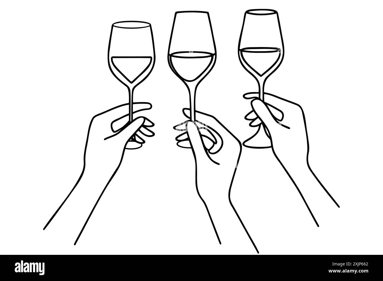 Hand drawn hands hold wine clinking glasses one line art,continuous ...