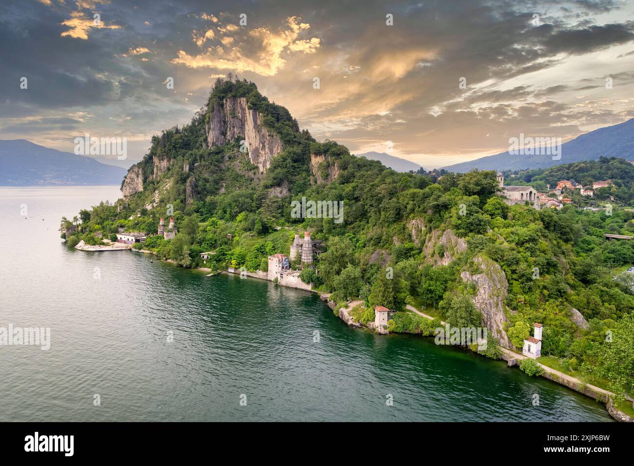 Aerial view of Rocca of Calde - Lake Maggiore in a summer day - small ...