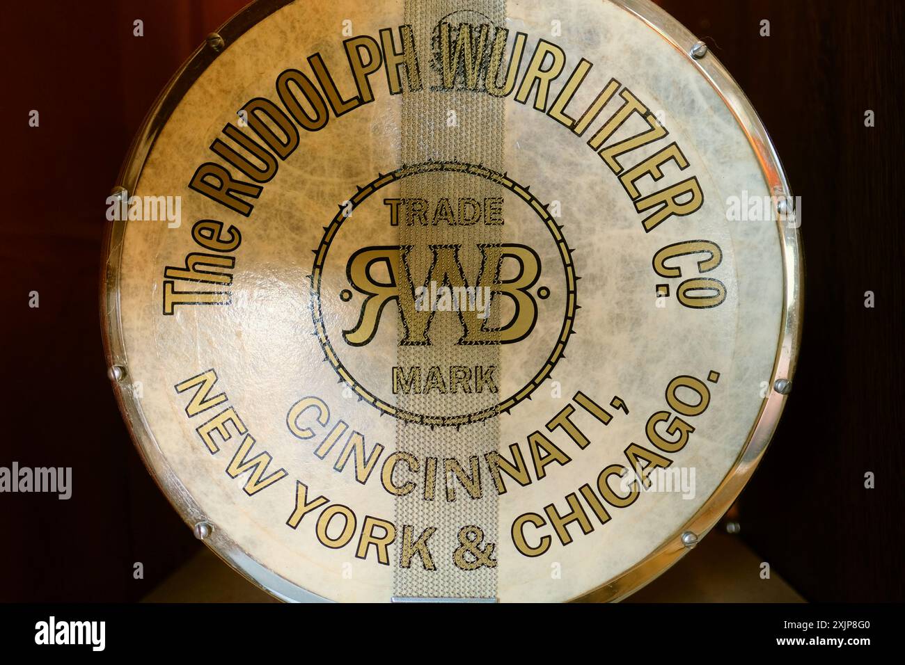 Rudolph Wurlitzer Company bass snare drum with company name and RWB ...