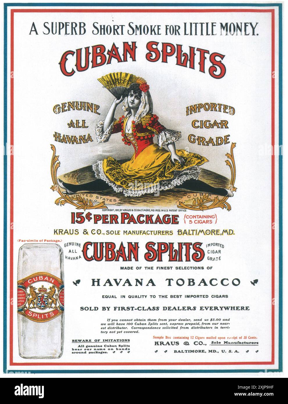 1901 Cuban Splits cigar ad - "Made of the Finest Selection of Havana ...