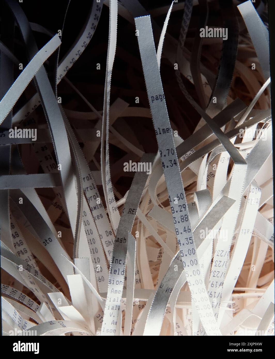 A close-up image of a pile of shredded paper, revealing strips of white ...