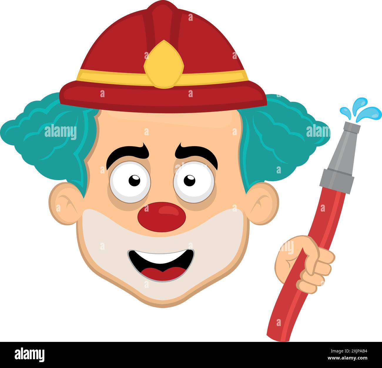 vector illustration face character clown cartoon, with a fireman helmet, a hose in hand and ...