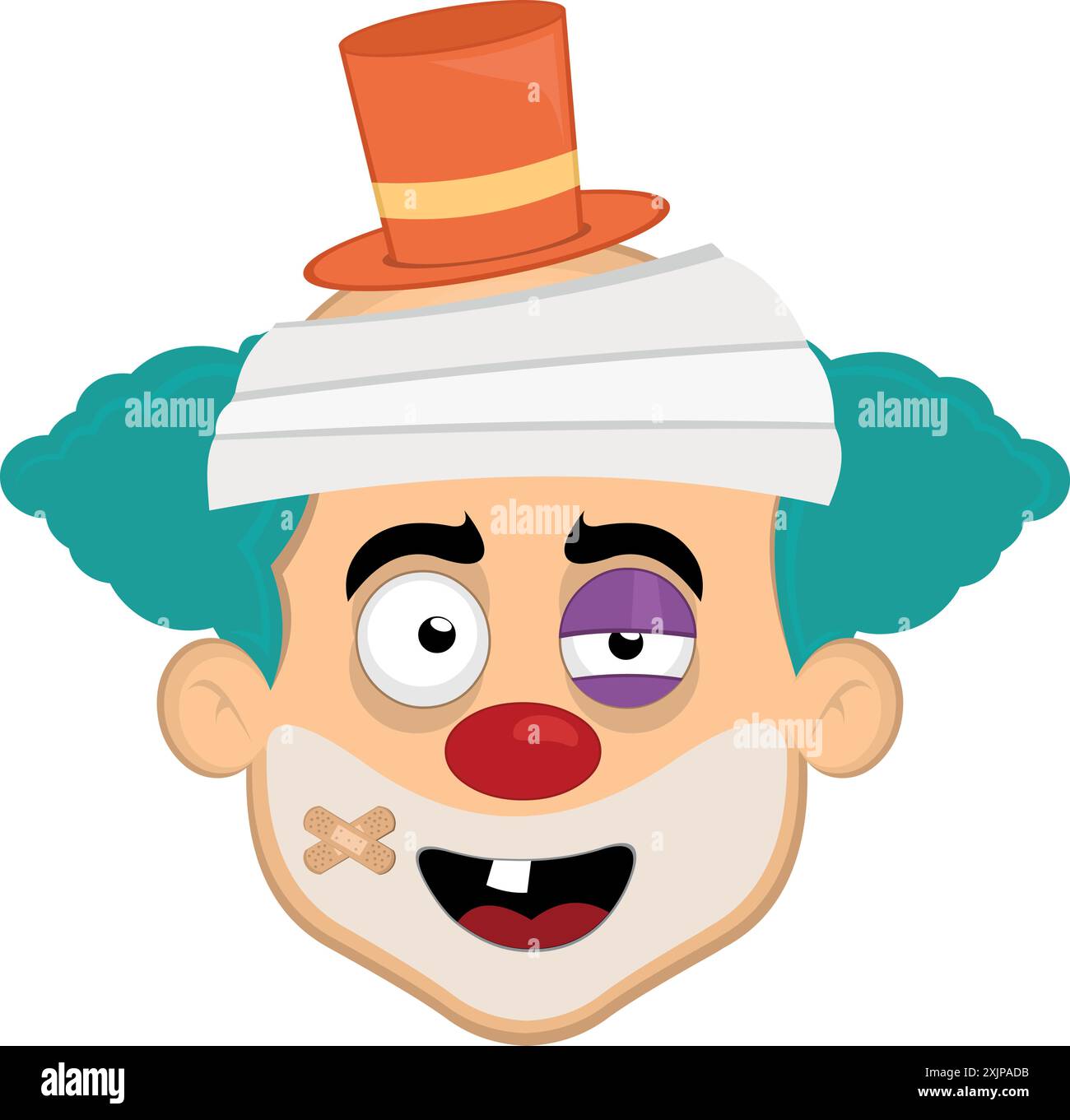 vector illustration face character clown cartoon injured with bandages on his head, a black eye ...