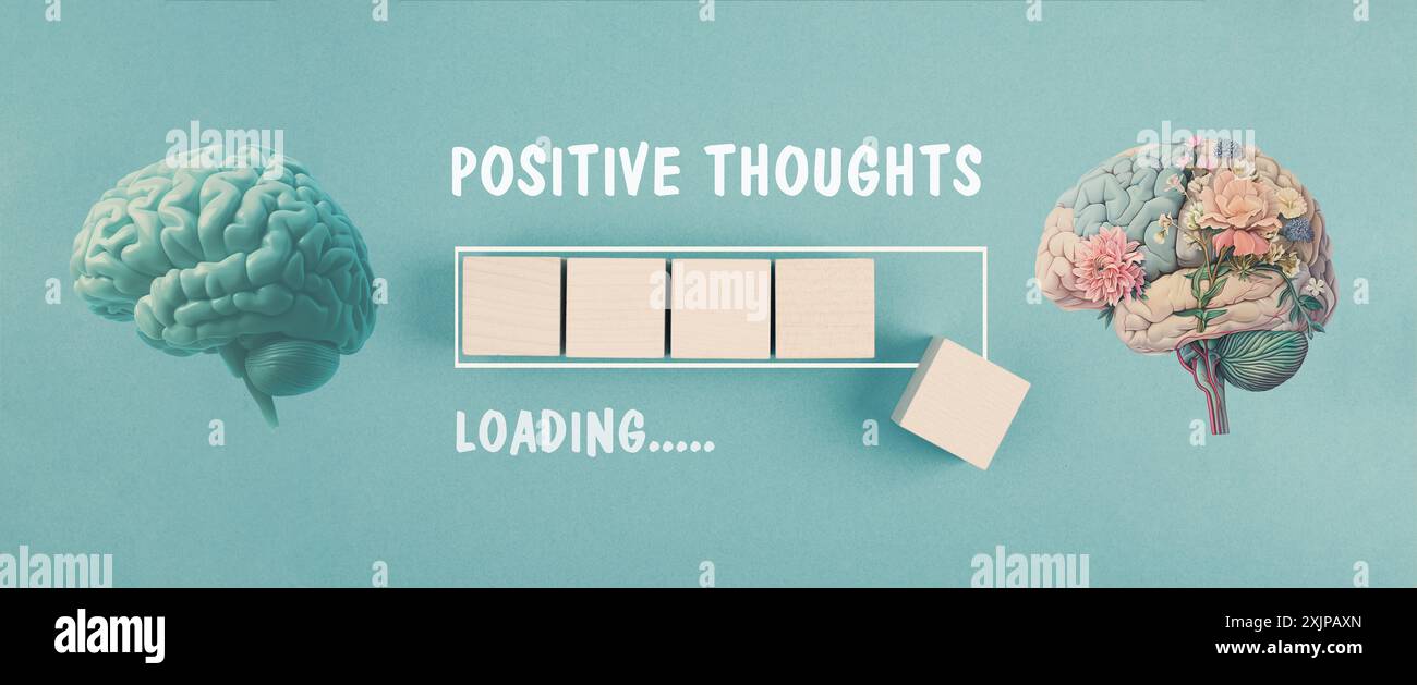Positive thoughts loading, mental health stability, state of mind, brain with depression changes ...