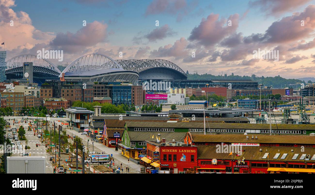 Seattle Waterfront with T-Mobile Park and Lumen Field and Mount Stock ...