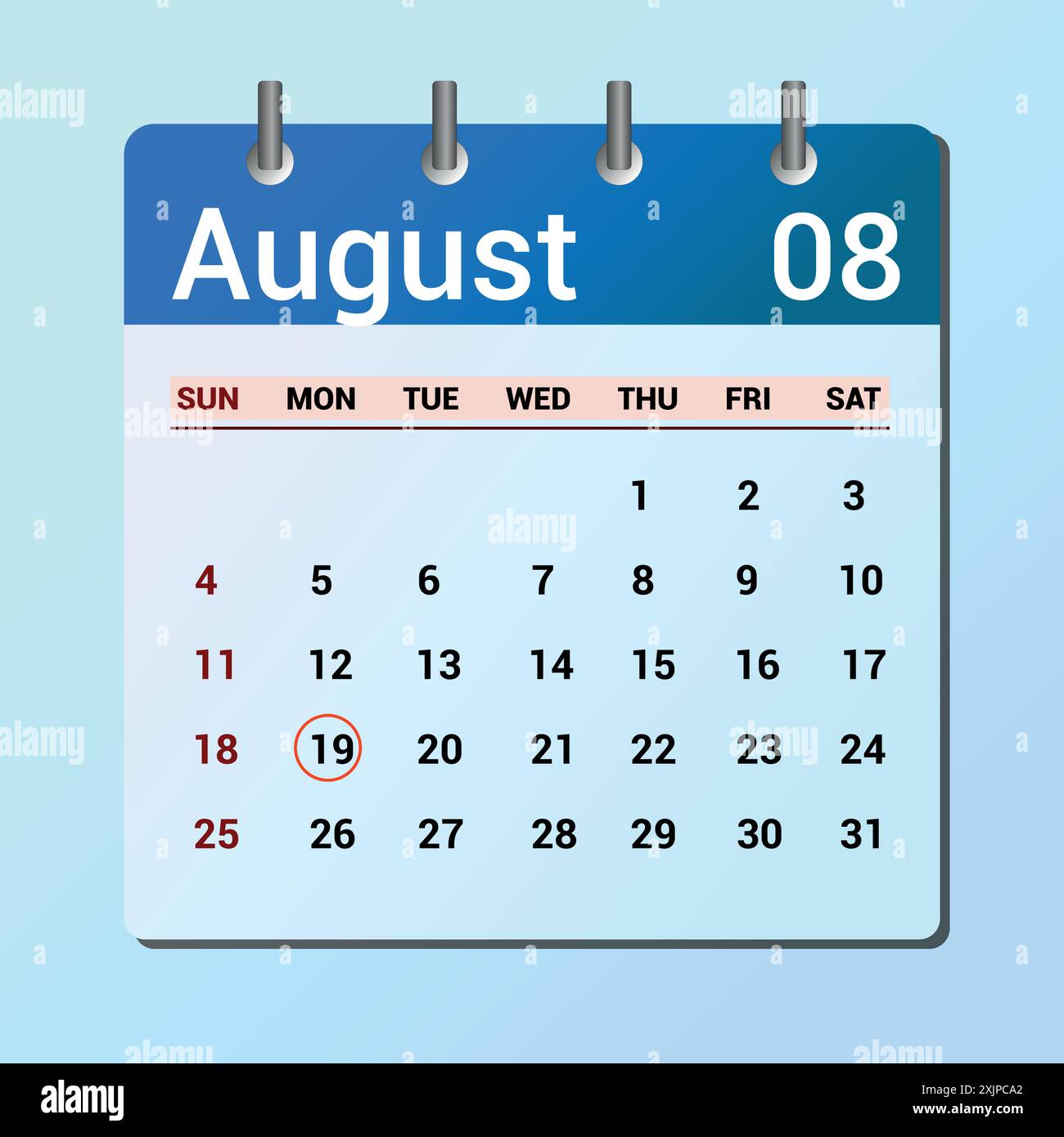 August 19. Flat icon calendar isolated on blue background. Date and ...