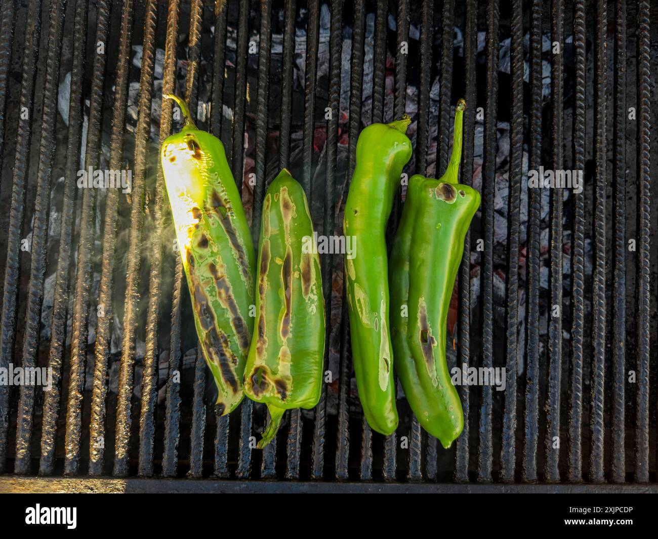 Green chile tatemado or bullfighted on the spit or grill with charcoal ...