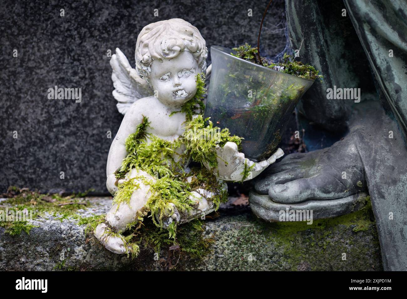 a forgotten weathered little putt at the foot of an angel statue is ...