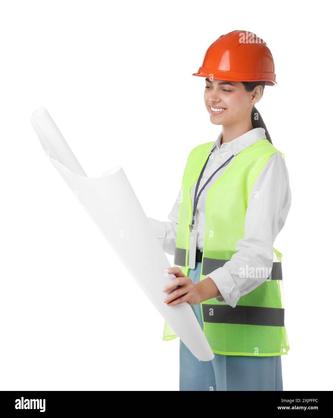 Engineer in hard hat with draft on white background Stock Photo - Alamy