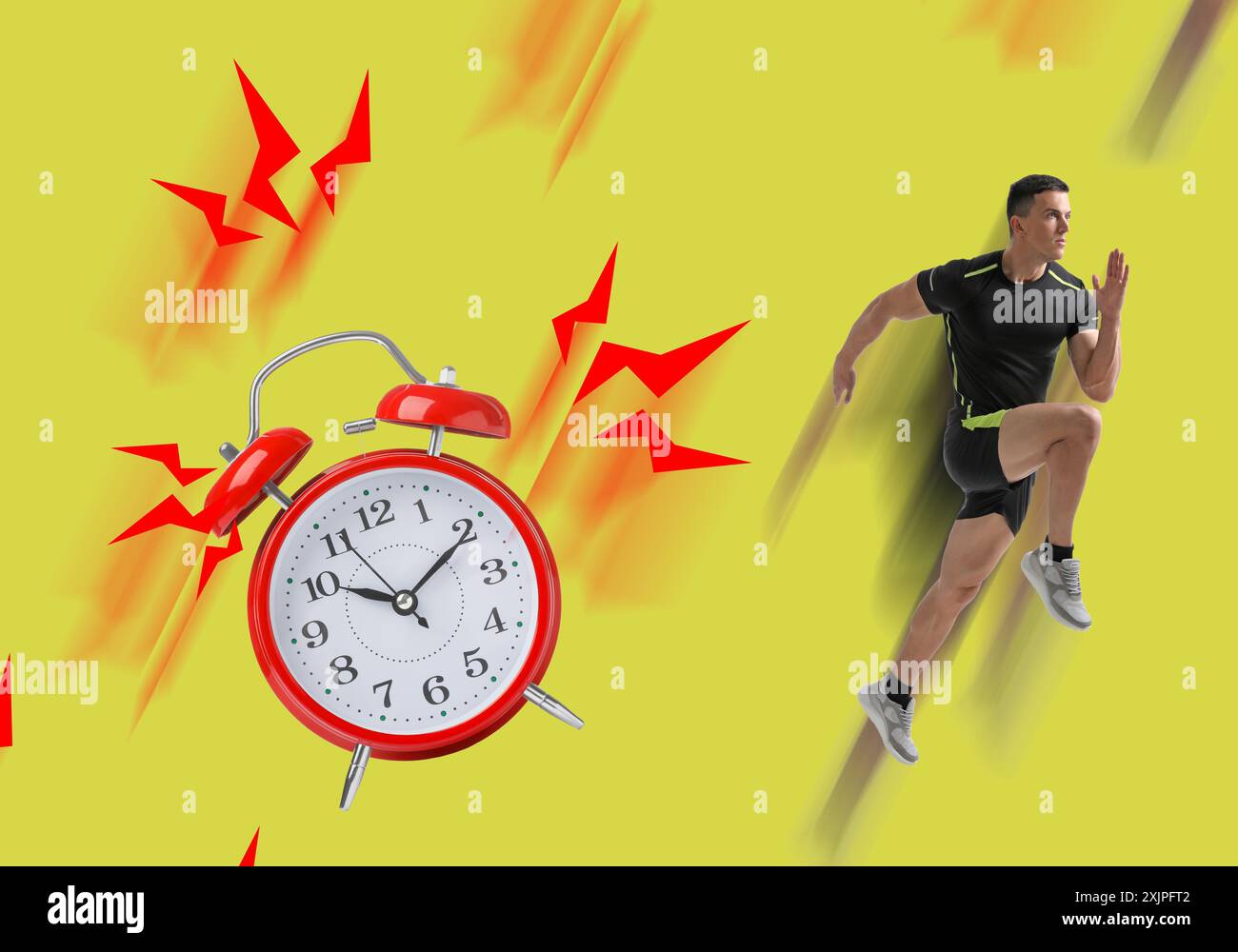 Athletic man running away from alarm clock on yellow background. Time ...