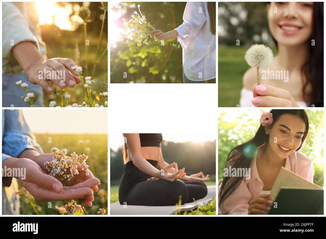 Collage with photos of spending time in nature. Slow living Stock Photo ...