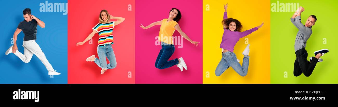 Happy men and women jumping on different colors backgrounds, collage ...