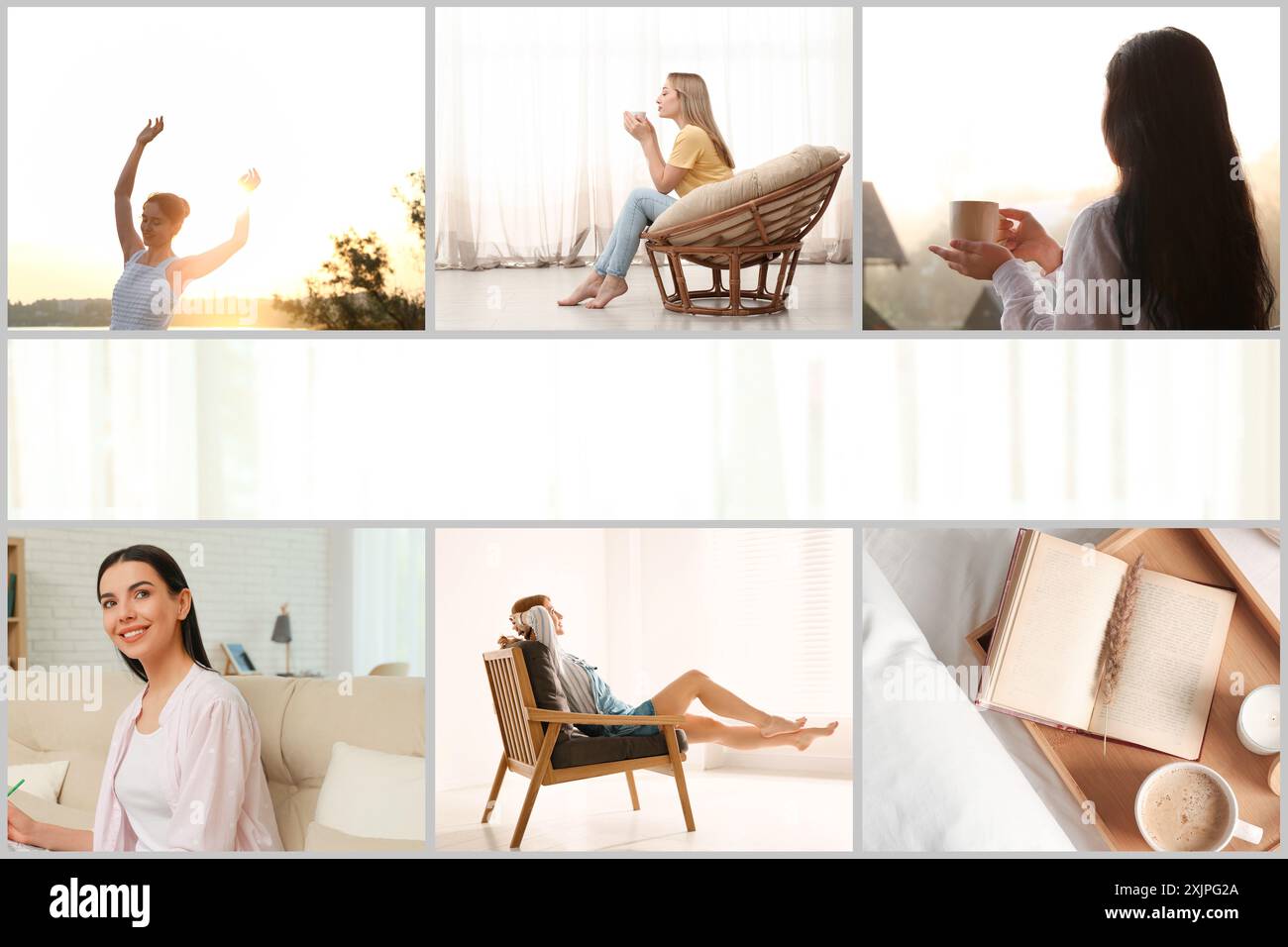 Collage with photos of spending time at home. Slow living Stock Photo ...