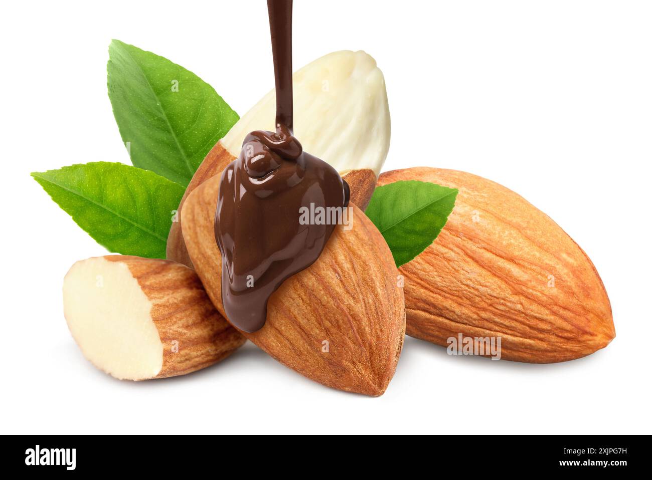Pouring sweet chocolate onto almonds against white background Stock ...