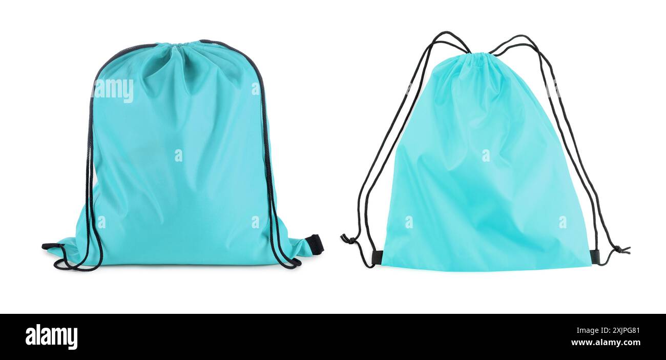Collage of empty and filled light blue drawstring bag isolated on white ...