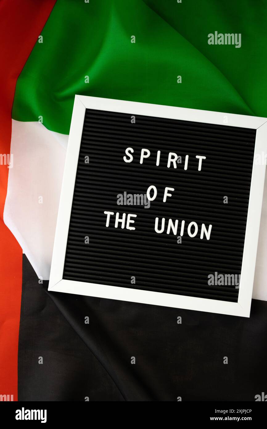 SPIRIT OF THE UNION text frame on United Arab Emirates waving flag made ...