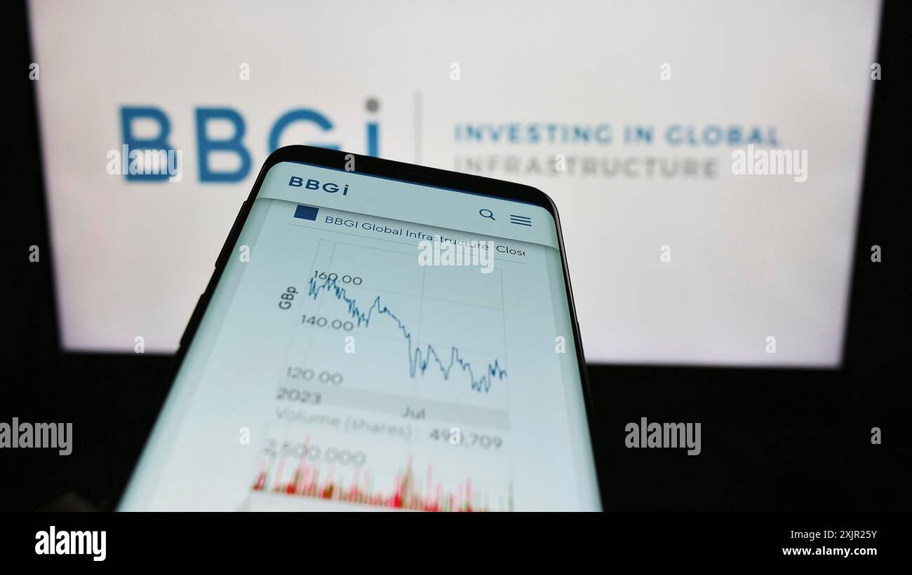 Stuttgart, Germany, 12-02-2023: Smartphone with website of investment company BBGI Global ...