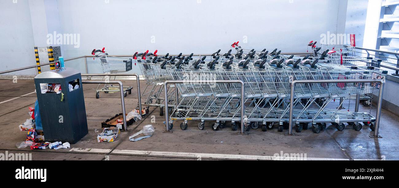 Overflowing dumpster, trash can with plastic bags and cardboard, filthy ...