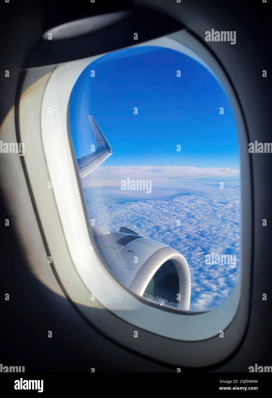 View of a Lufthansa Airbus A380 wing with turbine in flight Stock Photo ...