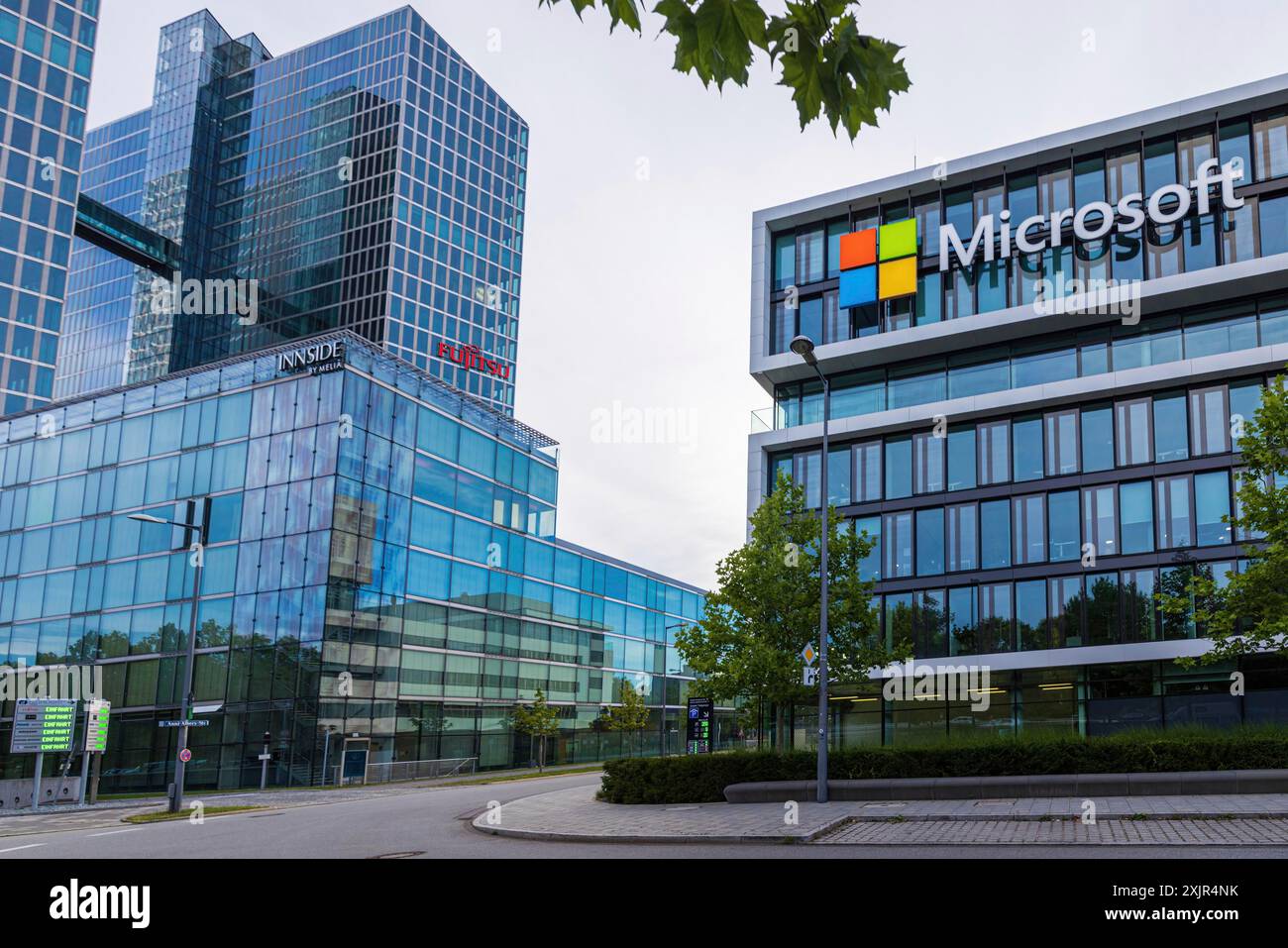 Microsoft logo at the company office building located in Munich ...