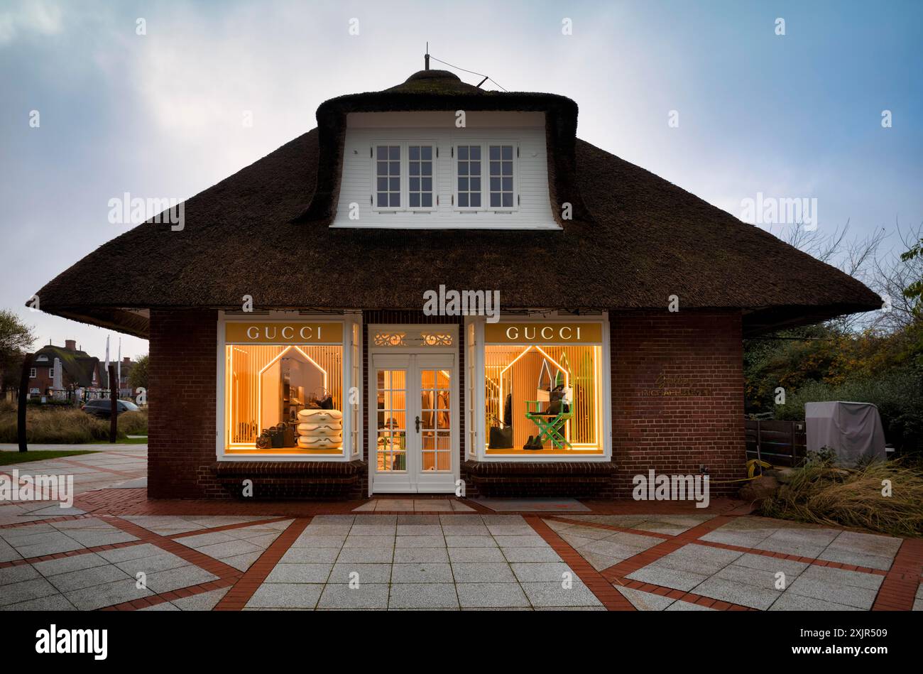 Display, shop window, shop luxury label Gucci, logo, Frisian house with ...