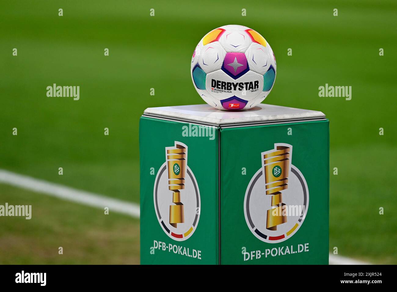 Adidas Derbystar match ball on podium, logo, DFB Cup, MHPArena, MHP ...
