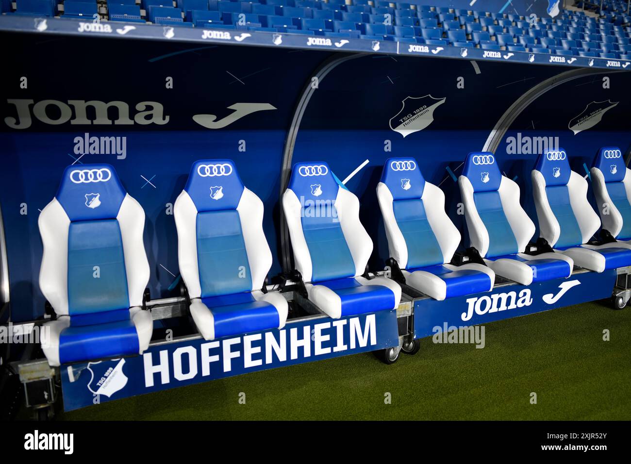 Substitute bench, trainer bench, empty, AUDI, JOMA, logo, PreZero Arena, Sinsheim, Baden ...