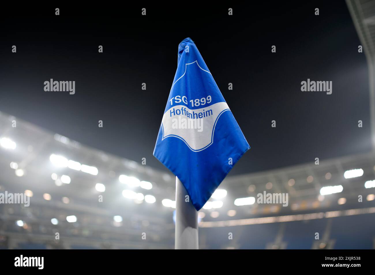 Corner flag, TSG 1899 Hoffenheim logo, grandstand, stadium interior ...