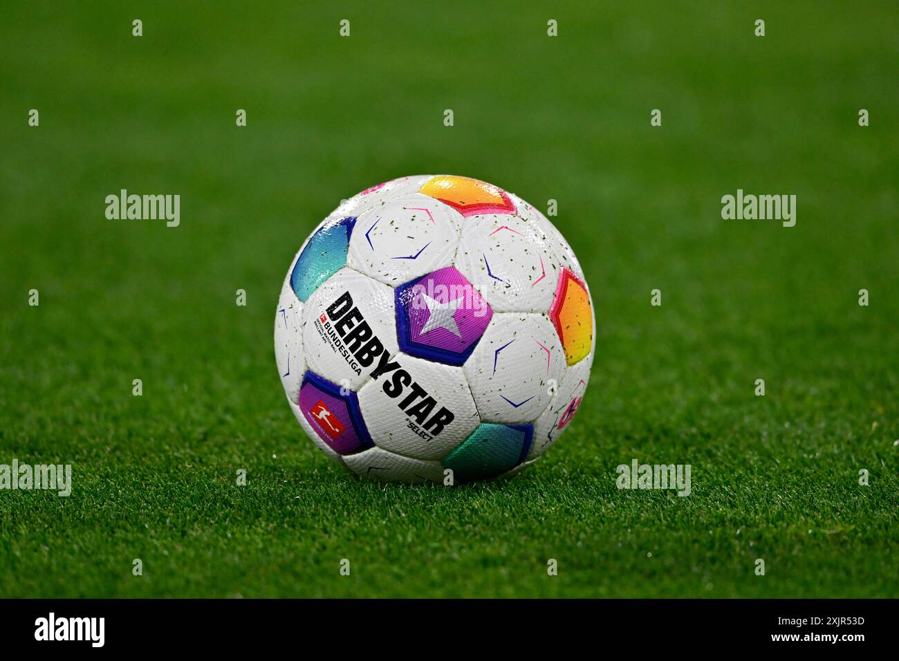 Adidas Derbystar match ball lies on grass, logo, Allianz Arena, Munich ...