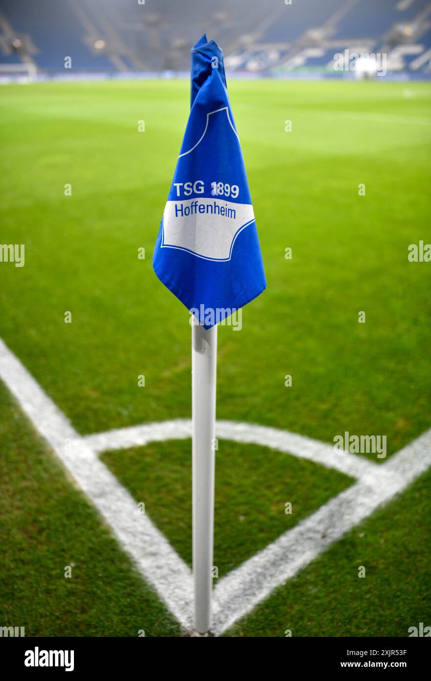 Corner flag, TSG 1899 Hoffenheim logo, grass, stadium interior, empty ...
