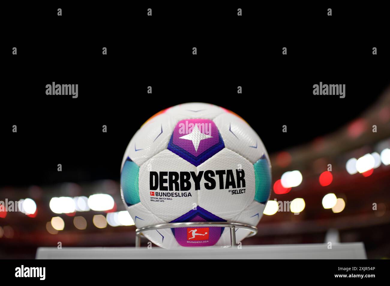 Adidas Derbystar match ball, logo, lying on platform, floodlight ...