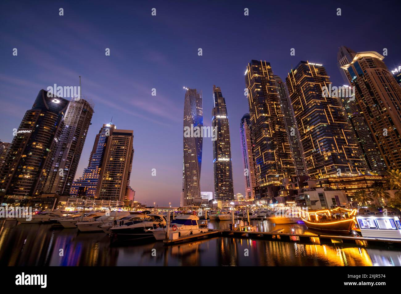 Night shot, Marina, Skyline, Cayan Tower, DAMAC Heights, Logo, Dubai Marina, Dubai, United Arab ...