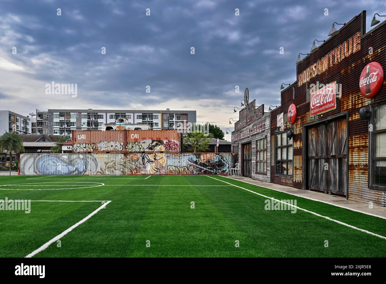 Football pitch lorry container Stock Photo - Alamy