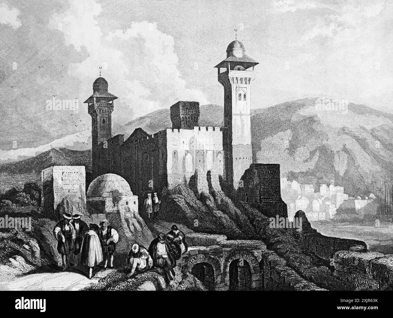 Hebron in Palestine with Abraham's tomb, mosque, domed building, people ...