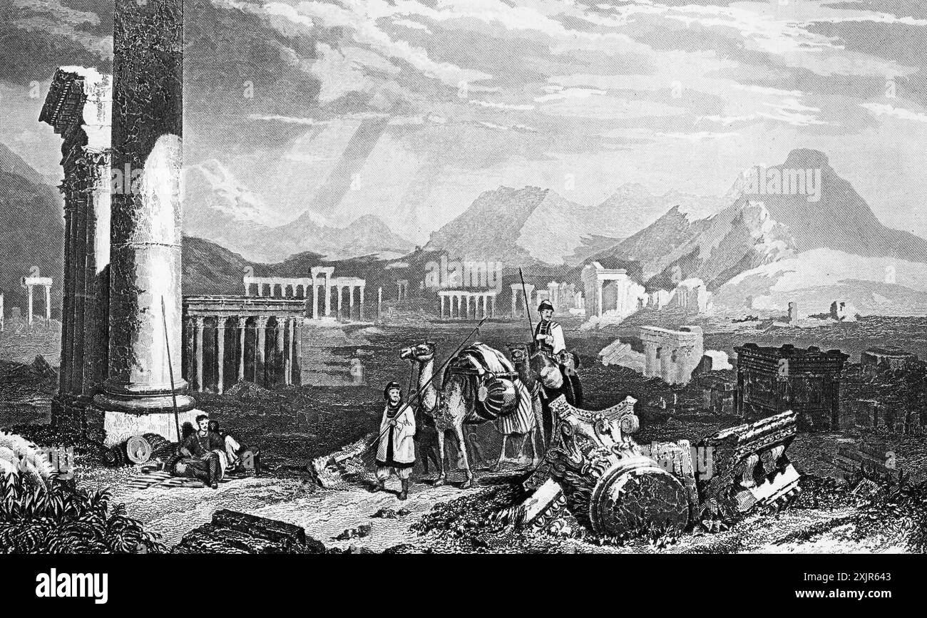 Ruins of Tadmur or Tadmor, Palmyra, Syria Temple, camel rider, mountain ...