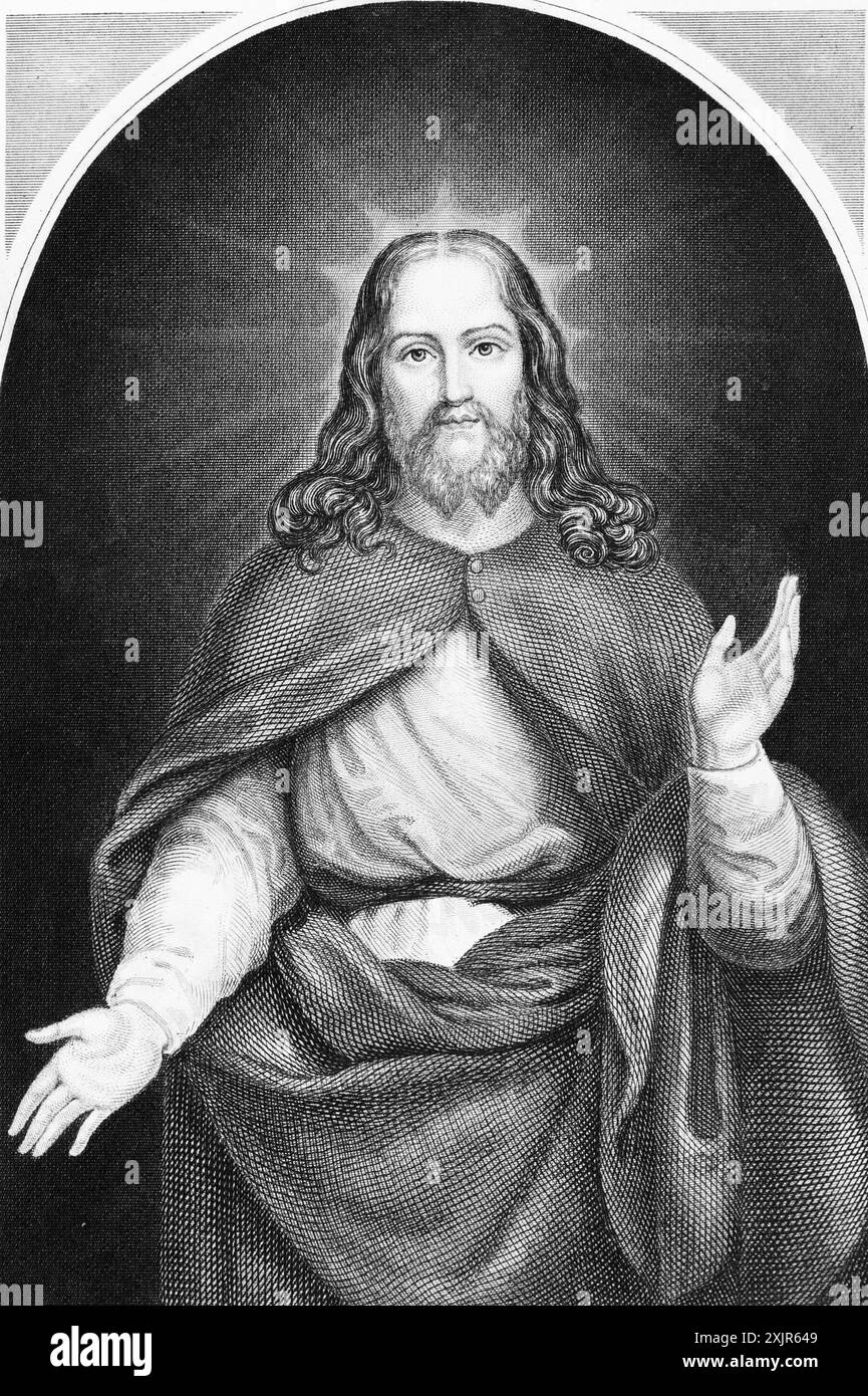 Portrait of Jesus Christ, halo, cloak, Bible, historical illustration ...