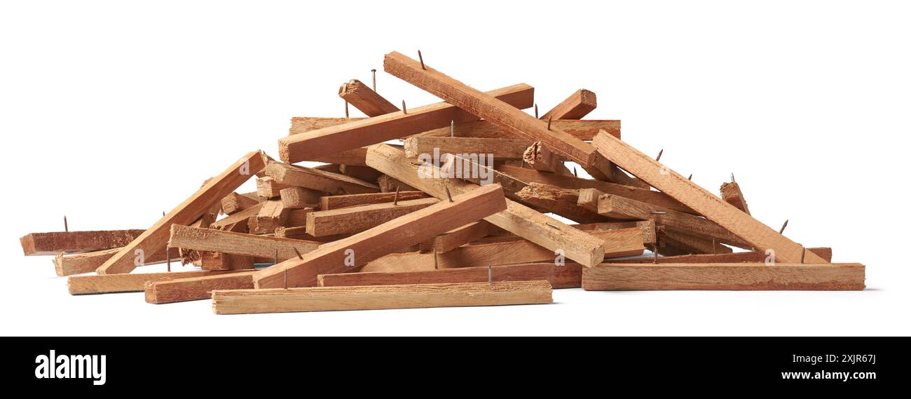 pile of scrape wood pieces with protruding nails isolated white ...