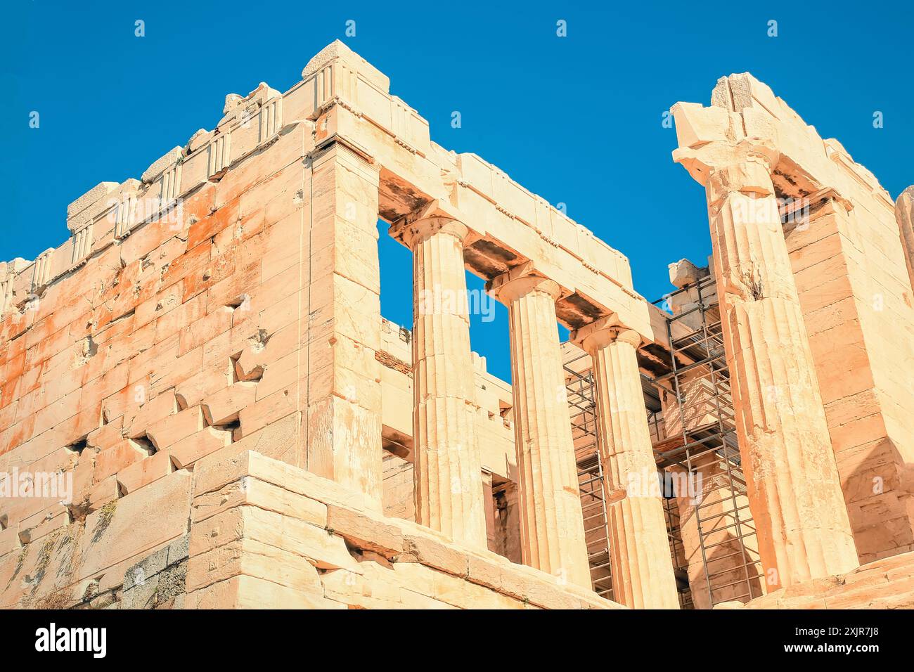 Looking up at a columns of Propylaea gateway in Acropolis of Athens, Greece Stock Photo - Alamy