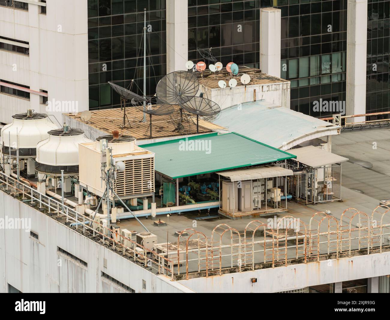 City Building Rooftop With Cooling Towers and Satellite Dishes Stock ...