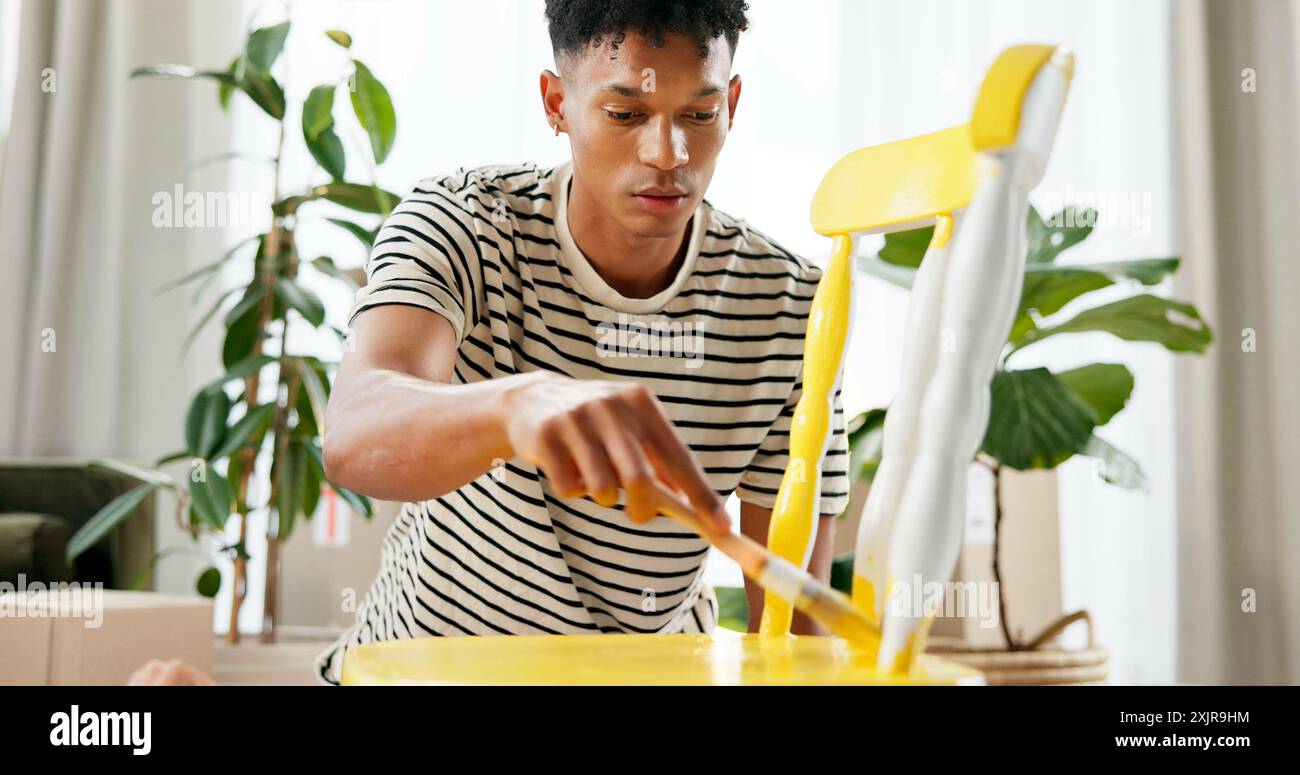 DIY, chair and yellow with painter man in living room of apartment for ...