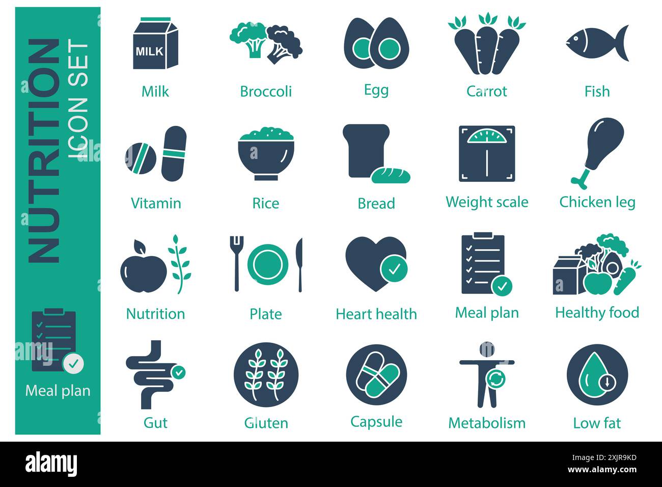 Nutrition icon set. healthy food, meal plan, gluten and more. solid ...