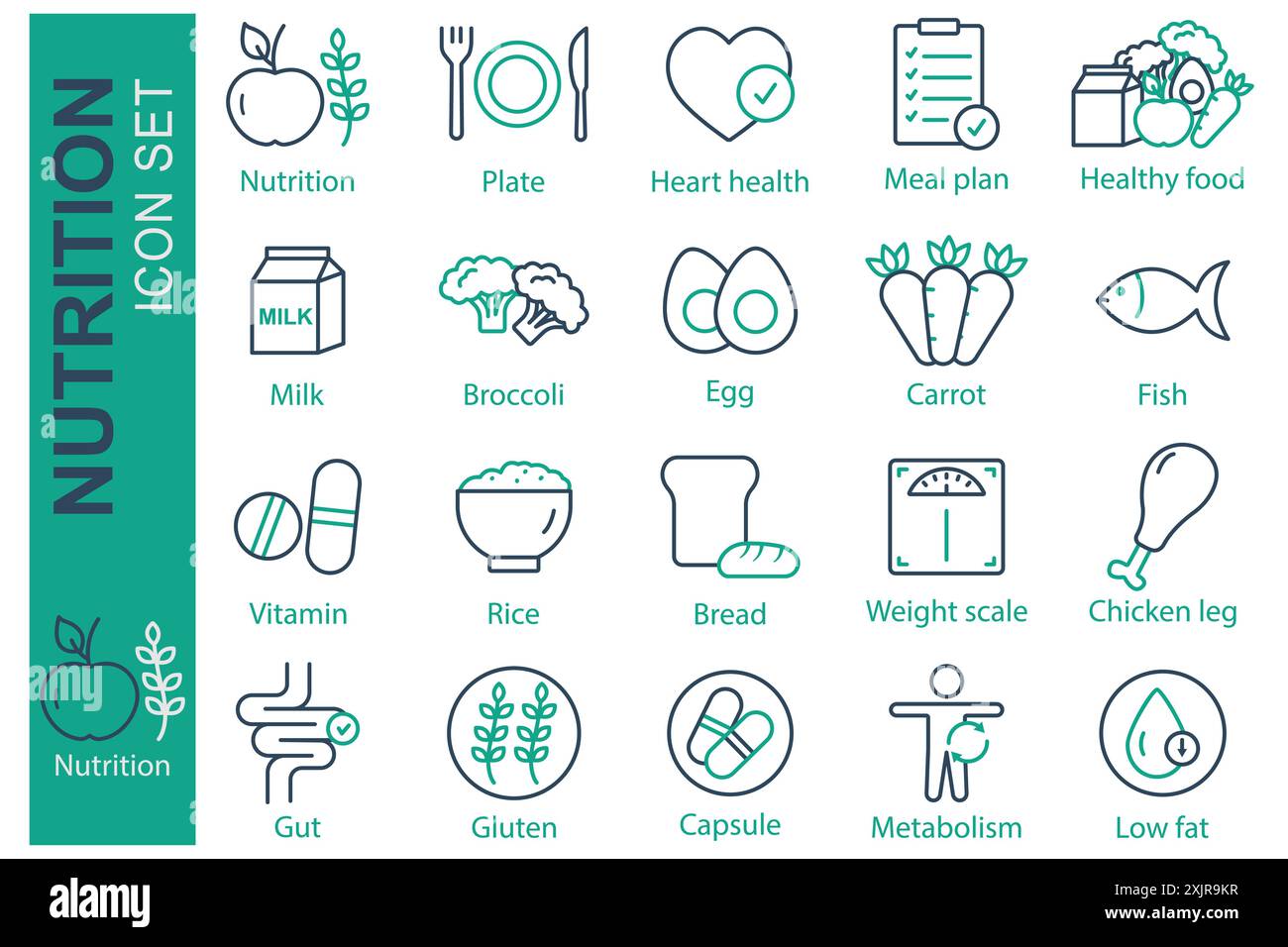 Nutrition icon set. healthy food, meal plan, gluten and more. line icon ...
