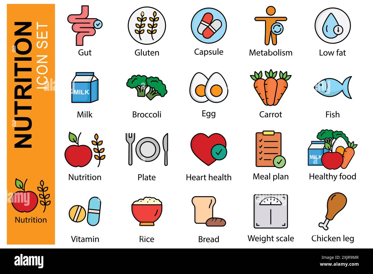 Nutrition icon set. healthy food, meal plan, gluten and more. colored ...